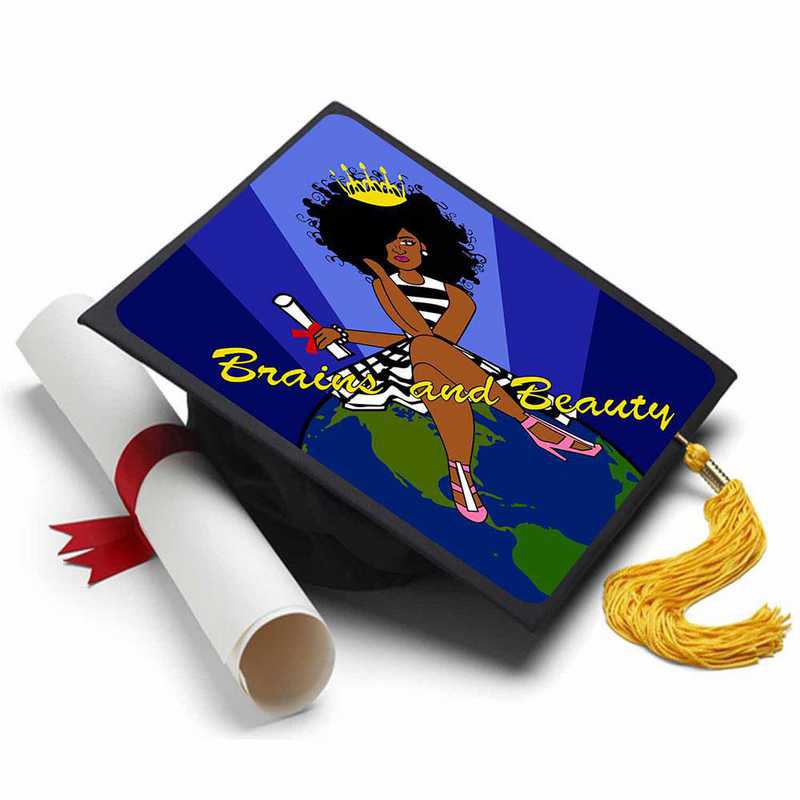 Black Queen - Brains and Beauty -Graduation Cap Topper Decoration.